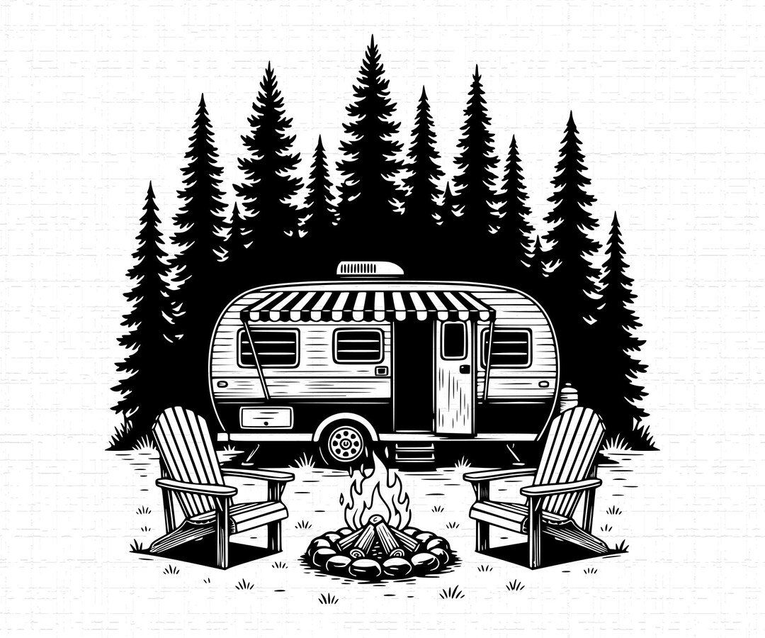 Camper Forest Scene SVG: Adirondack Chairs, Campfire Graphic, T-shirt ...