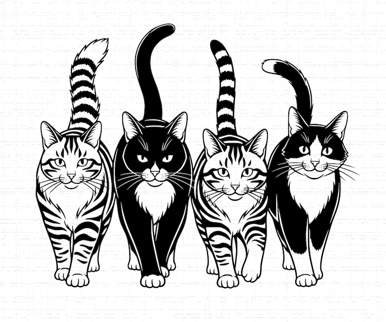 Four Cats Walking SVG: Cat Mom, Kitty, Cute Cats T-shirt Design, Cats ...