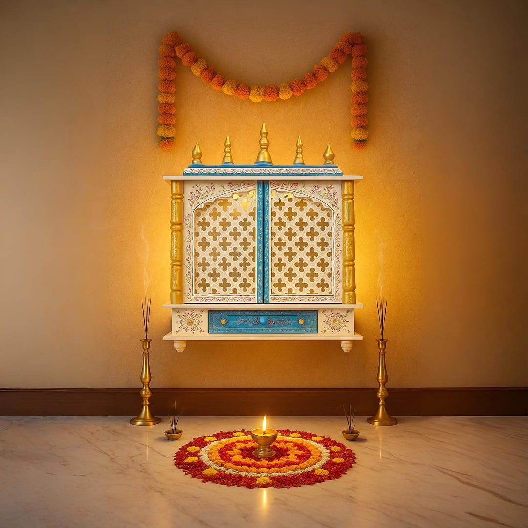Handcrafted Wooden Mandir | White & Blue Solid Wood Temple for Home ...