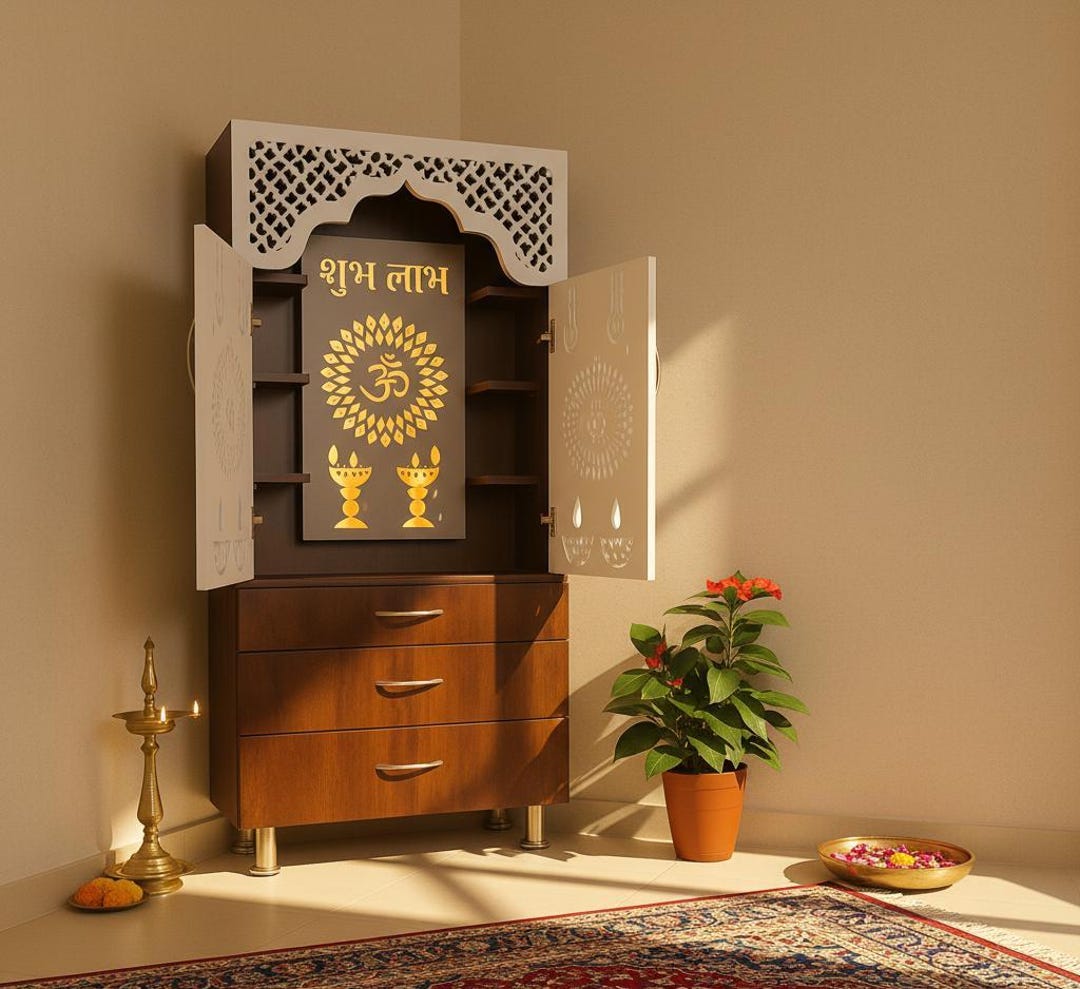 Modern Wooden Pooja Mandir With LED Backlight | Engineered Wood Temple ...