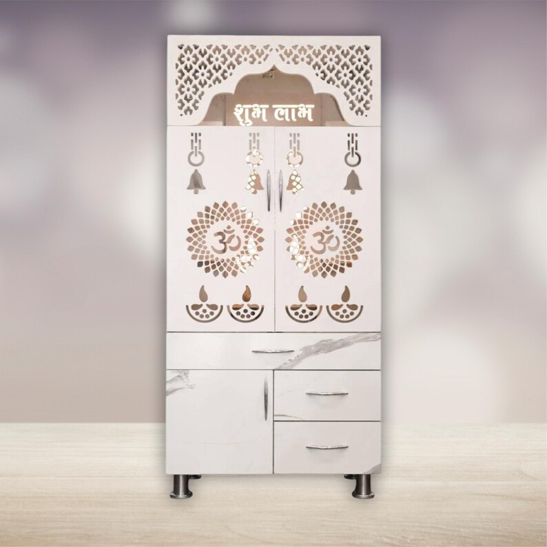 Modern White Pooja Mandir With LED | Engineered Wood Temple With ...