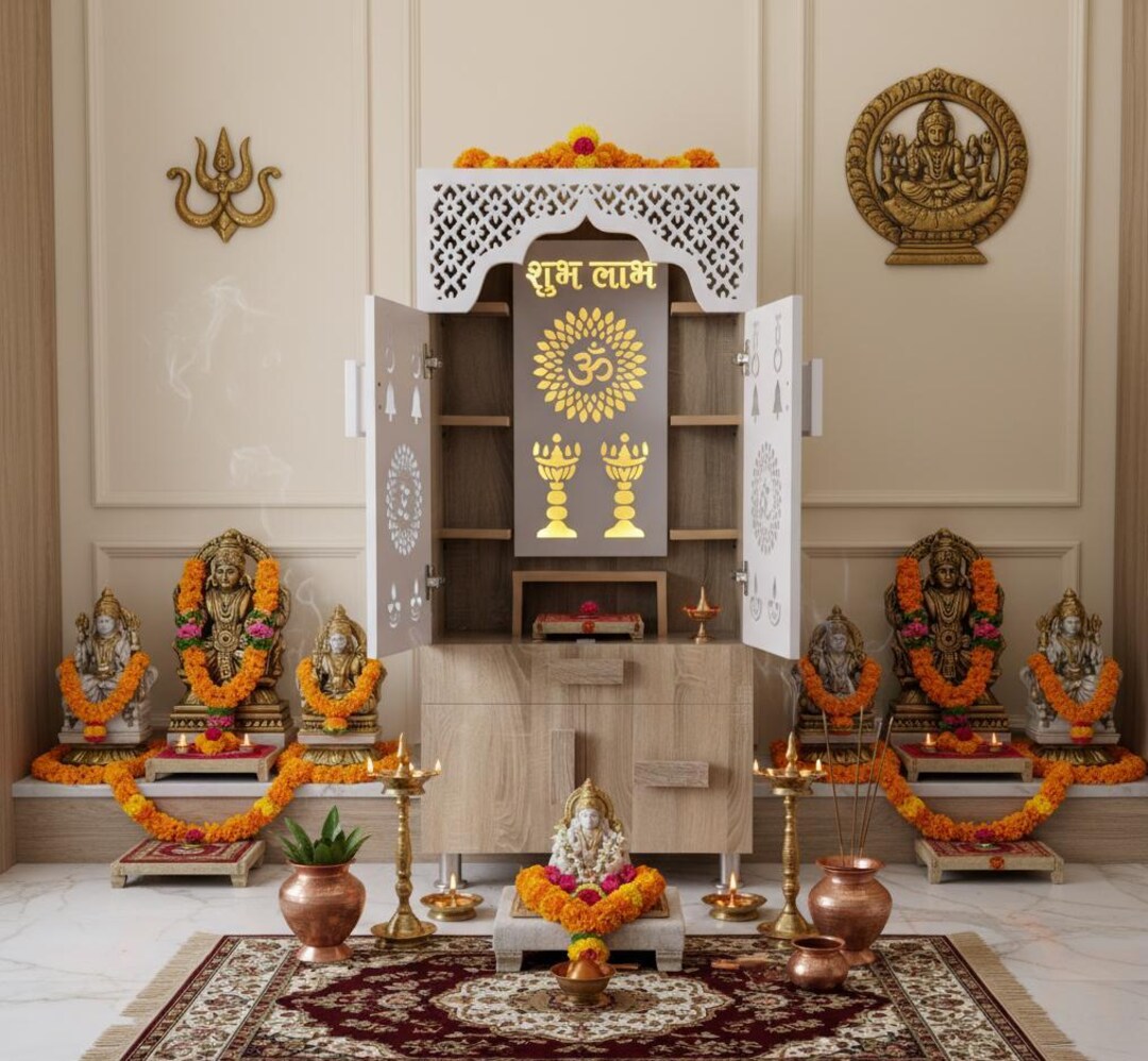 Beige and White Wooden Mandir | Home Temple With Storage | Engineered ...