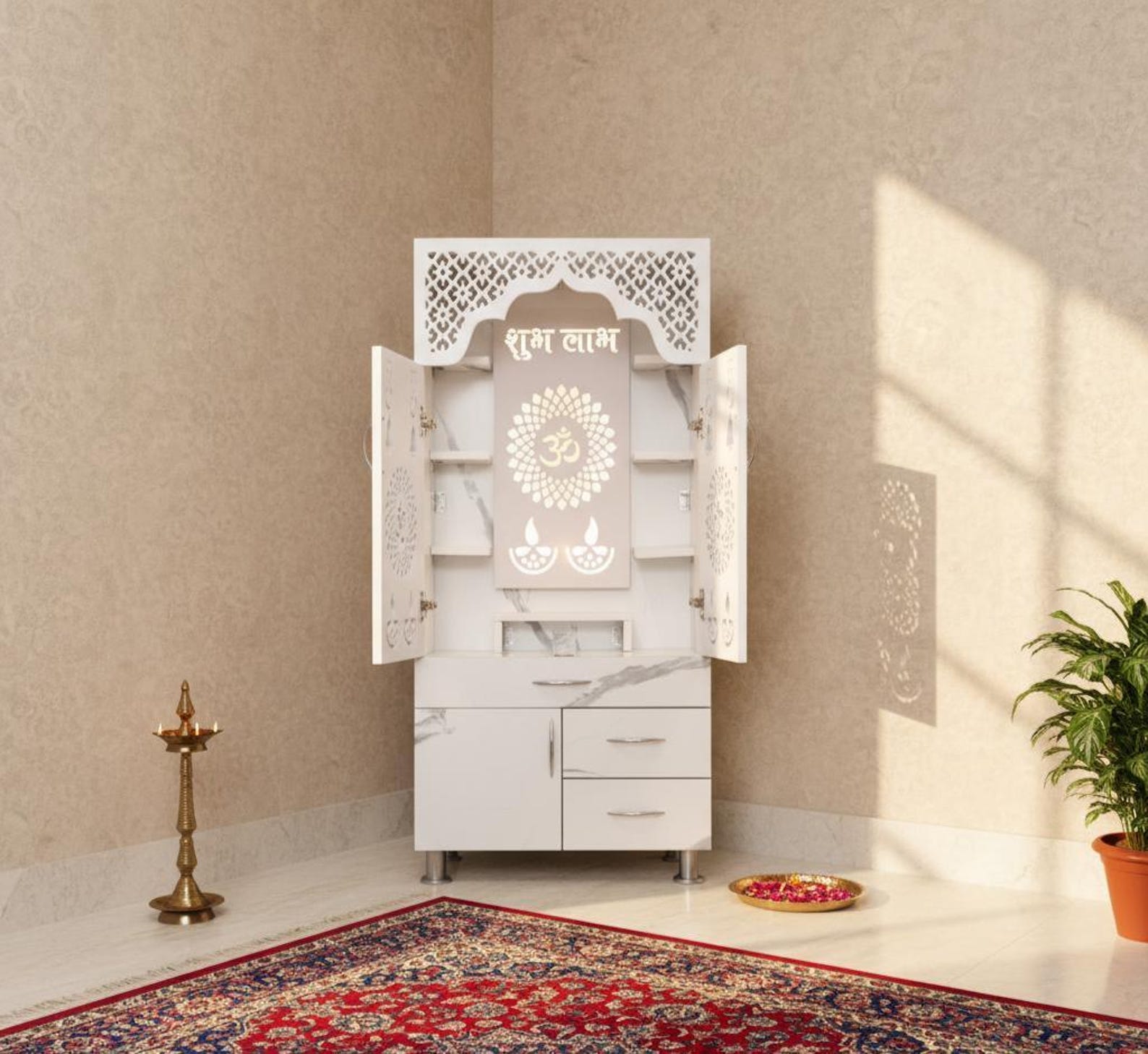 Modern White Pooja Mandir With LED | Engineered Wood Temple With ...