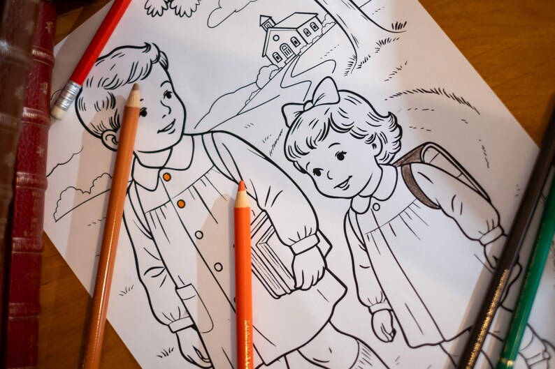 Vintage Coloring Page “back to School” – French Illustration to Print ...
