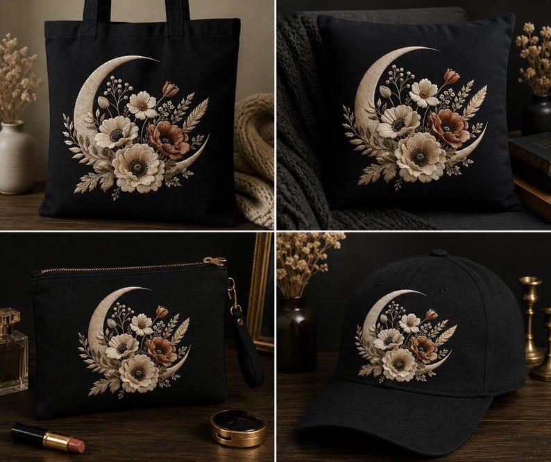 Moon Floral Embroidery Design, Celestial Machine Embroidery (digital ...