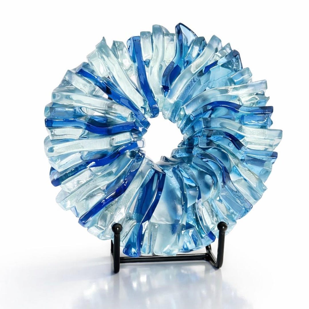 Handmade Blue Glass Sculpture, Modern Round Art Object, Metal Stand ...
