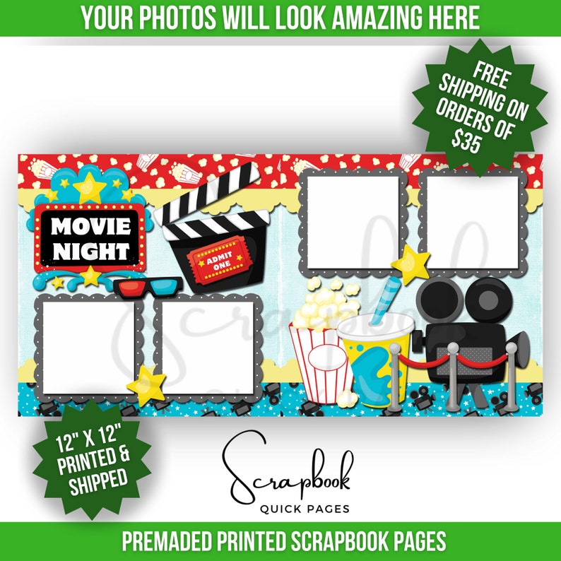 Movie Night Scrapbook Page Premade PRINTED 12x12 Scrapbook Quick Pages ...