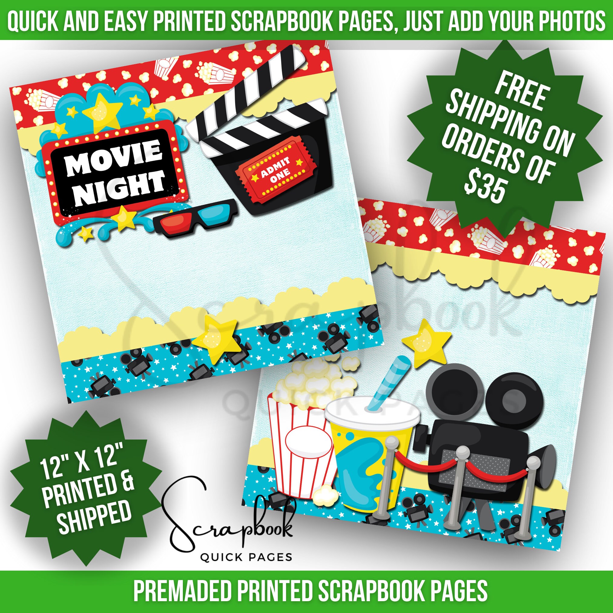 Movie Night Scrapbook Page Premade PRINTED 12x12 Scrapbook Quick Pages ...