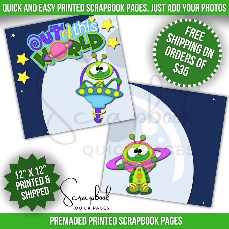 Outer Space Alien Scrapbook Layout Premade PRINTED 12x12 Scrapbook ...