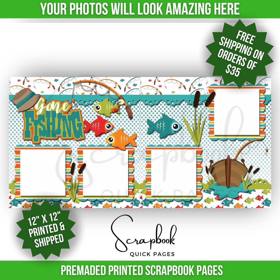 Fishing Scrapbook Page Printed Scrapbook Layout Fish Boat Premade ...