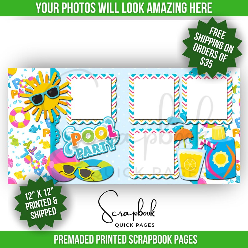 Summer Scrapbook Page PRINTED Pool Party Scrapbook Layout Vacation ...