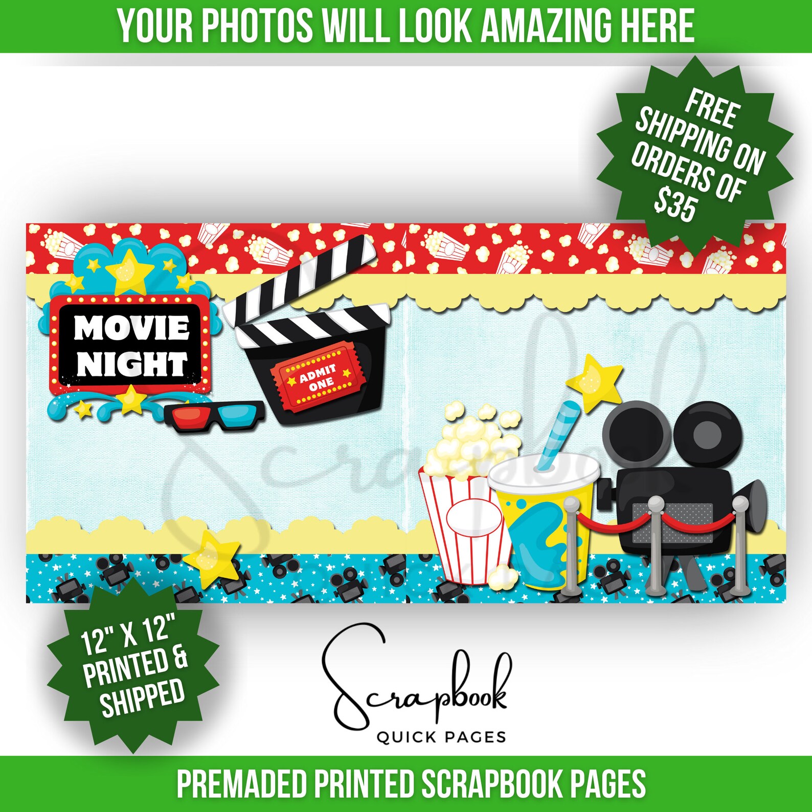 Movie Night Scrapbook Page Premade PRINTED 12x12 Scrapbook Quick Pages ...