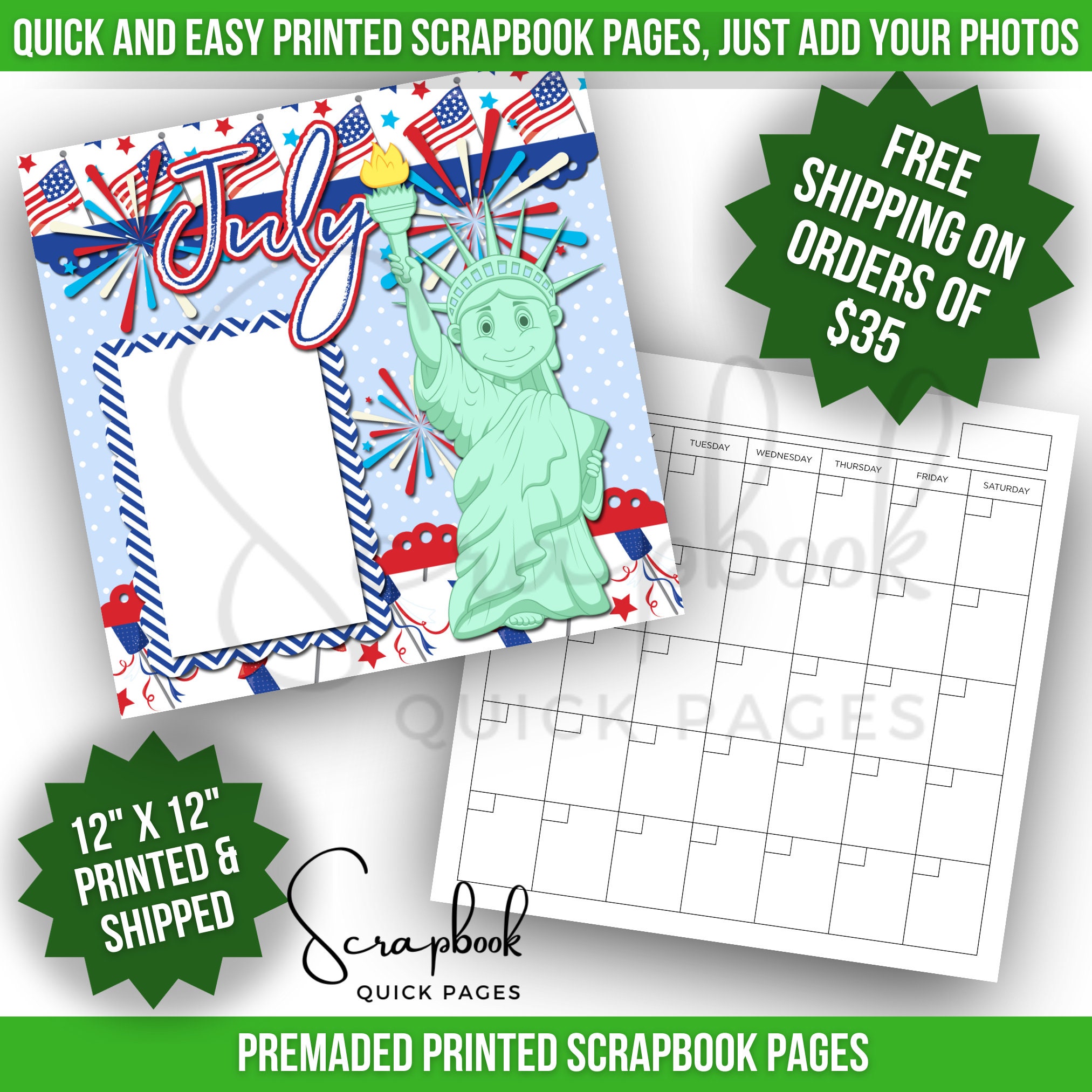 July Calendar Scrapbook Layout Independence Day PRINTED Scrapbook Quick ...