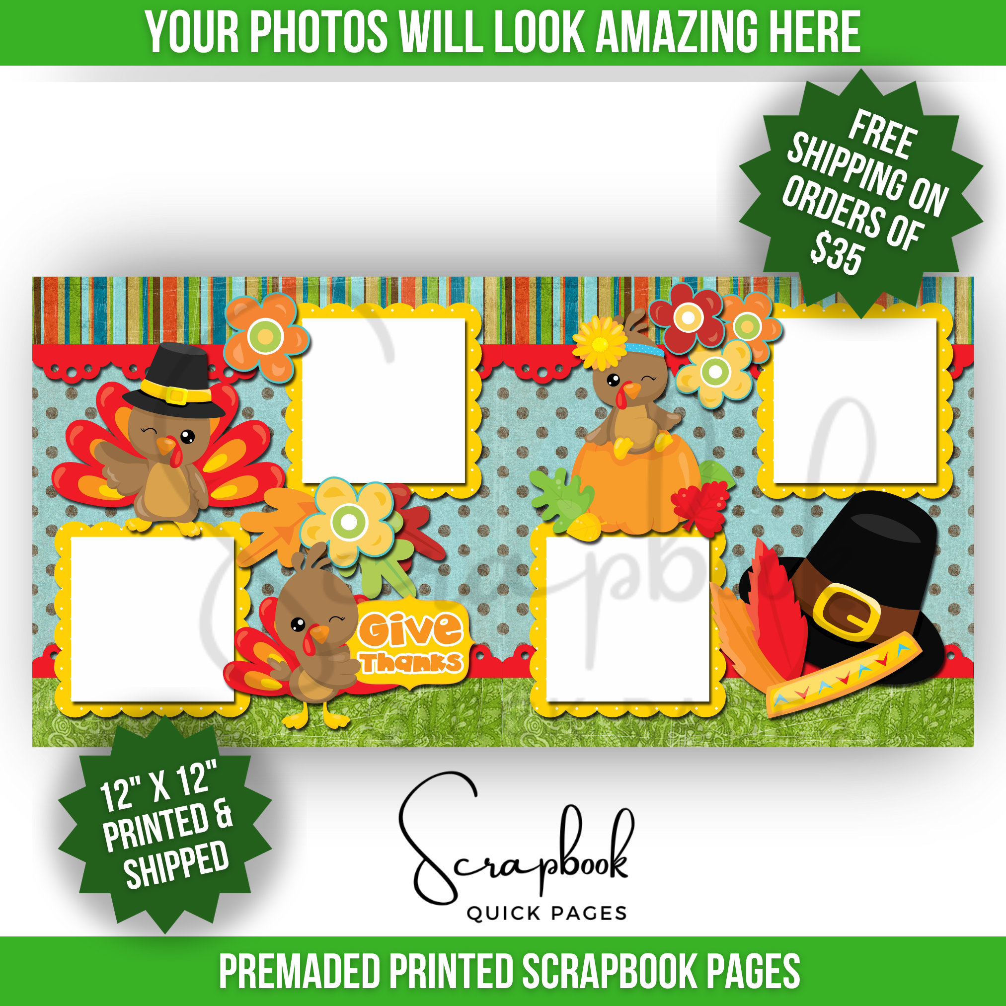 Thanksgiving Scrapbook Pages Premade PRINTED Turkey Scrapbook Quick ...