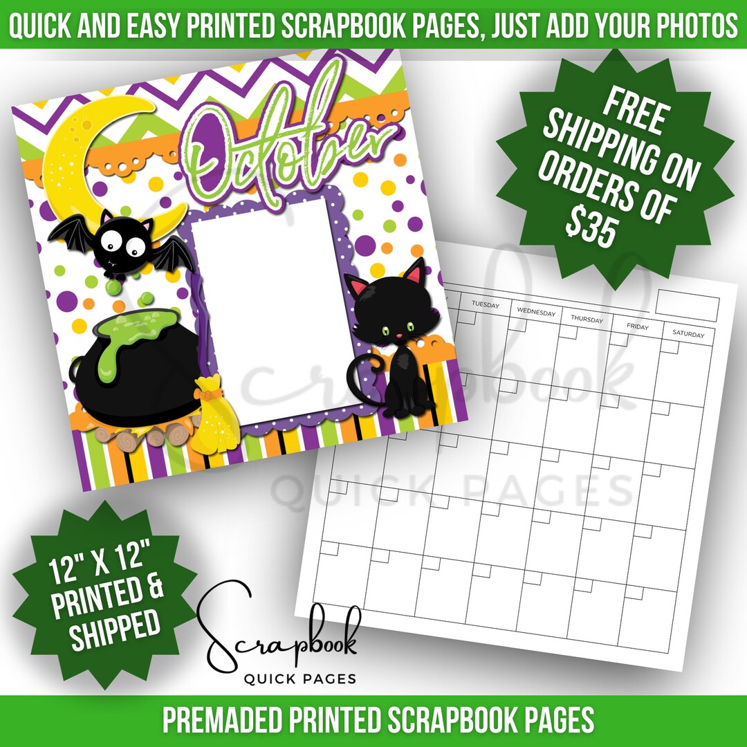 October Calendar Scrapbook Page Premade PRINTED Halloween Scrapbook ...