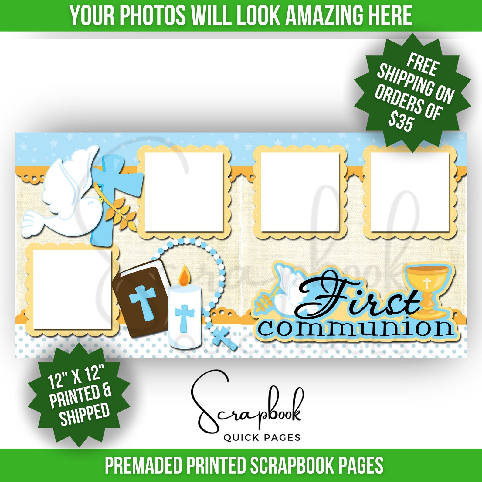 First Communion Scrapbook Pages Premade PRINTED Boy Communion Scrapbook ...