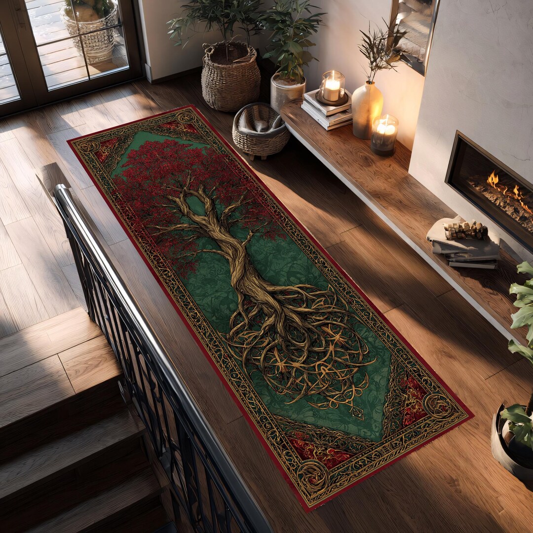 Tree of Life Runner Rug Deep Green Red Mystical Hallway Carpet - Etsy