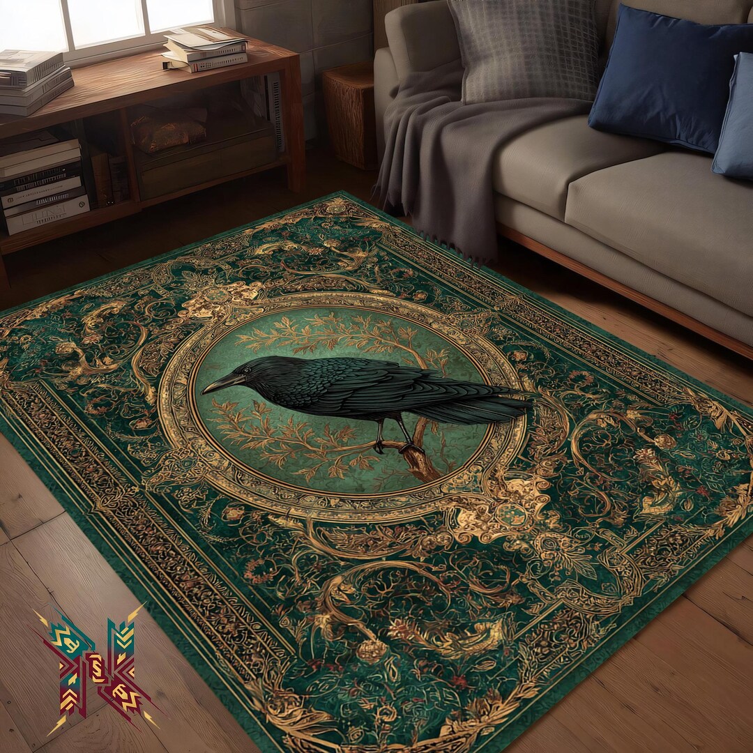 Emerald Raven Rug – Gothic Ornate Area Carpet With Gold Baroque Pattern ...