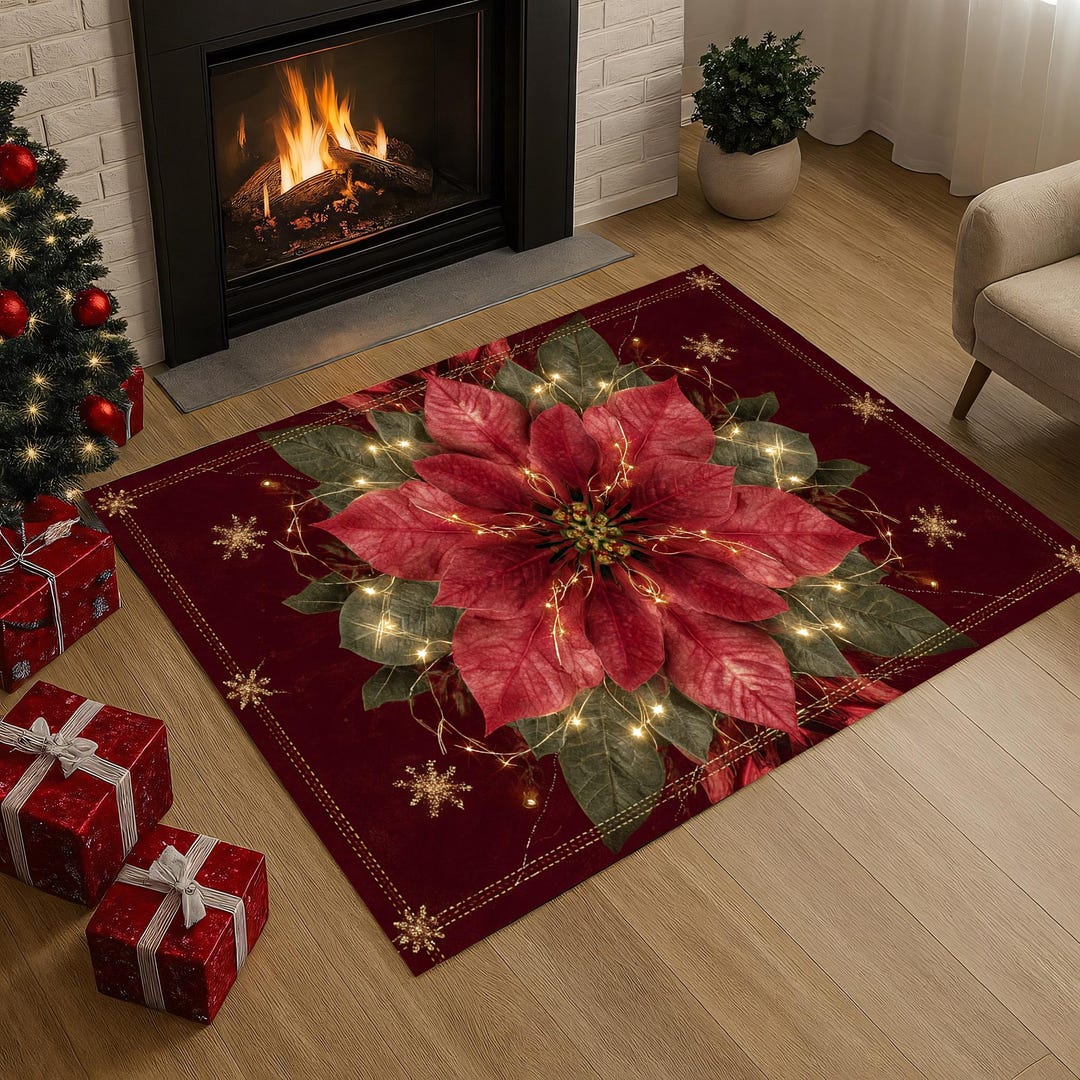 Poinsettia Christmas Rug – Elegant Red Floral Holiday Carpet With ...