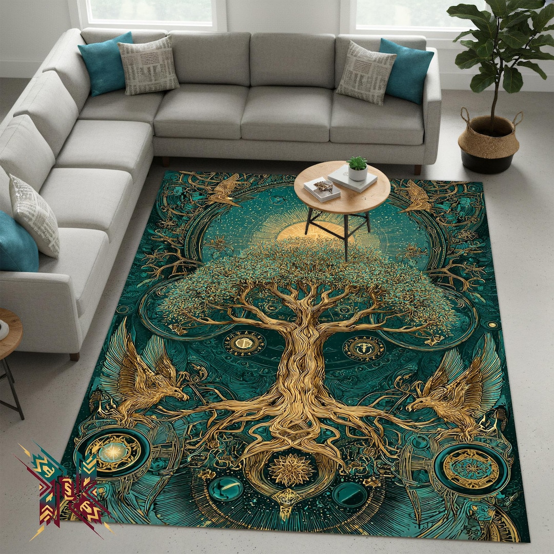 Tree of Life Area Rug – Gold and Green Celestial Boho Floor Art for ...