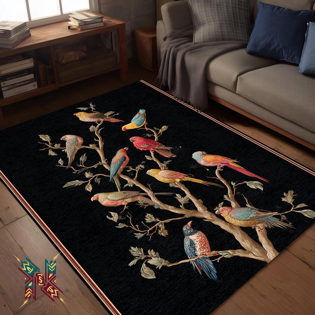 Parrot Tree Rug – Colorful Birds on Branches for Tropical Boho or ...