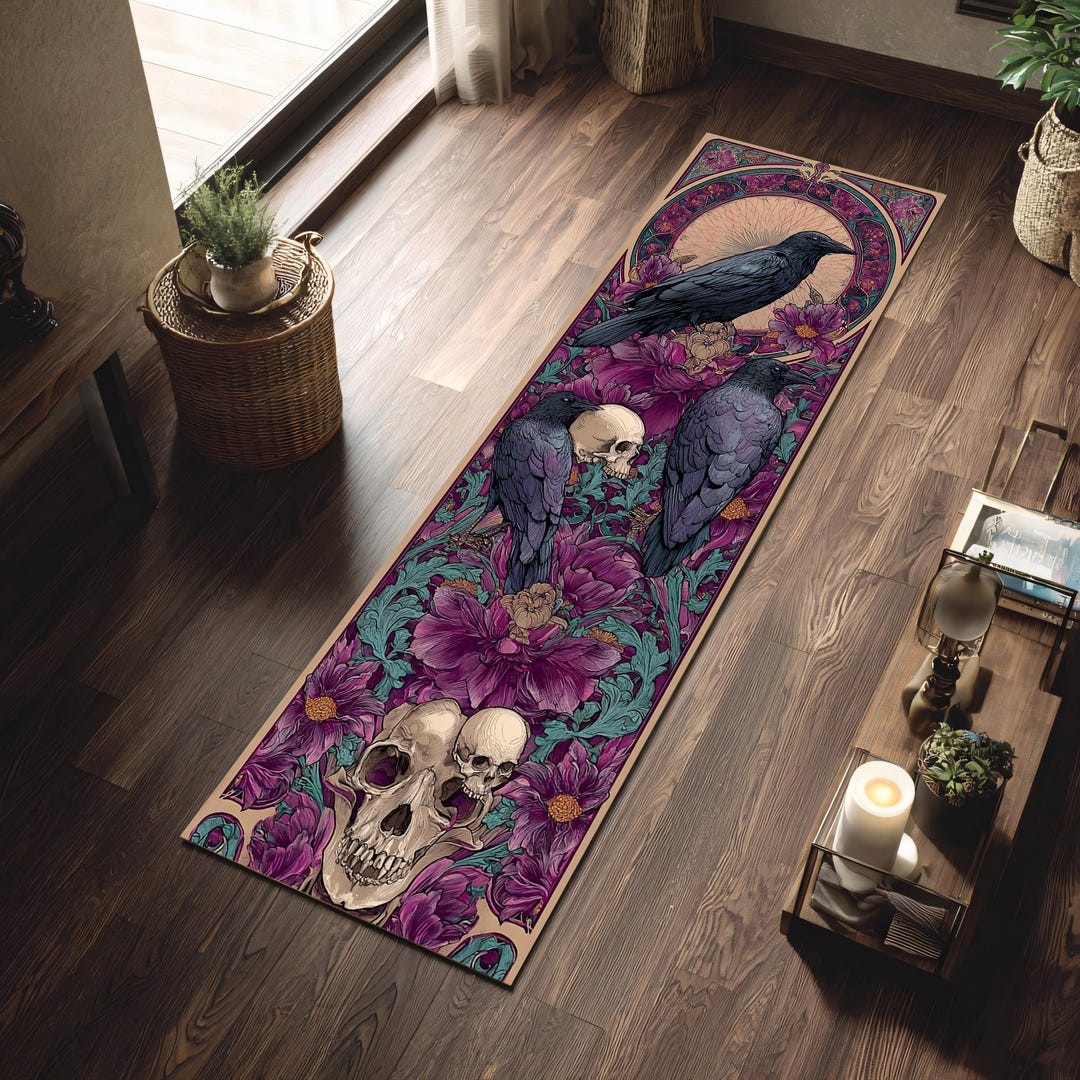 Gothic Raven Skull Runner Rug Dark Floral Hallway Floor Decor - Etsy