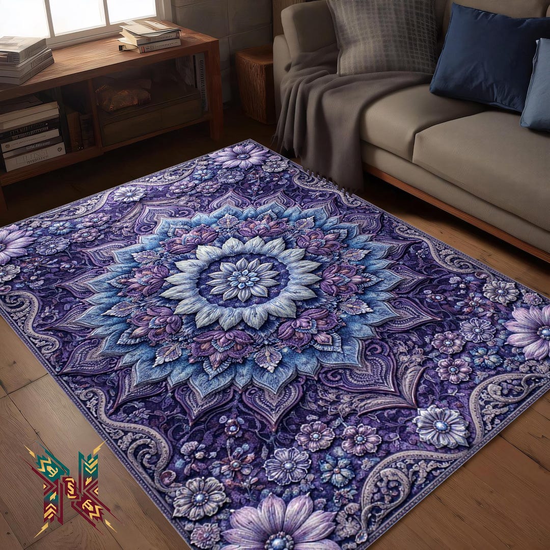 Purple Blue Mandala Area Rug Floral Boho Living Room Decor - Etsy