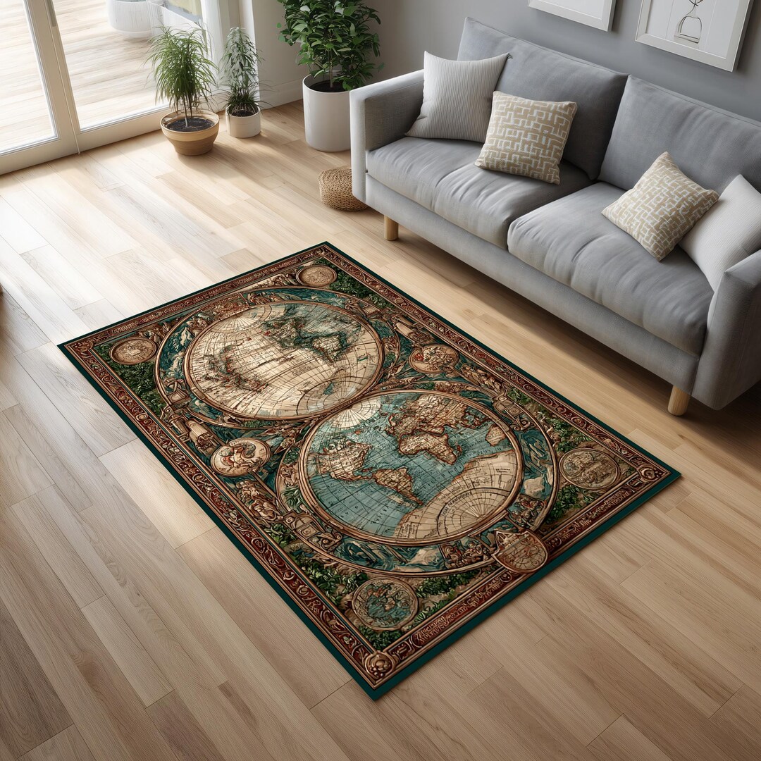 Vintage World Map Area Rug, Antique Atlas Globe Living Room Carpet - Etsy