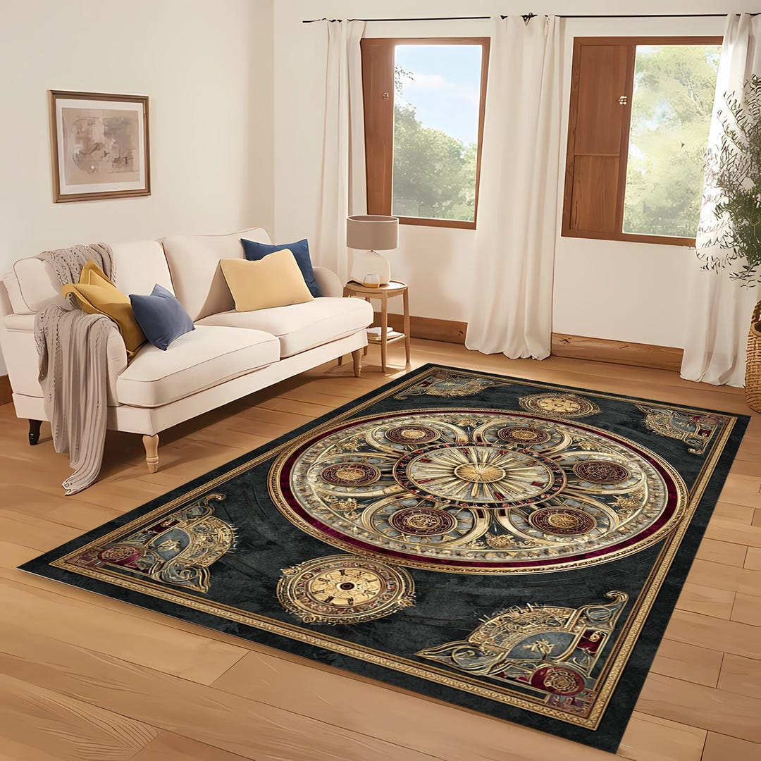 Golden Astrolabe Rug – Regal Sun Dial Design for Alchemy, Astrology ...