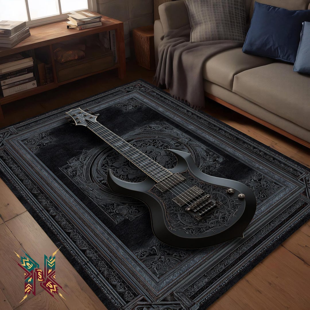 Dark Gothic Electric Guitar Area Rug Black Ornate Music Room Floor ...