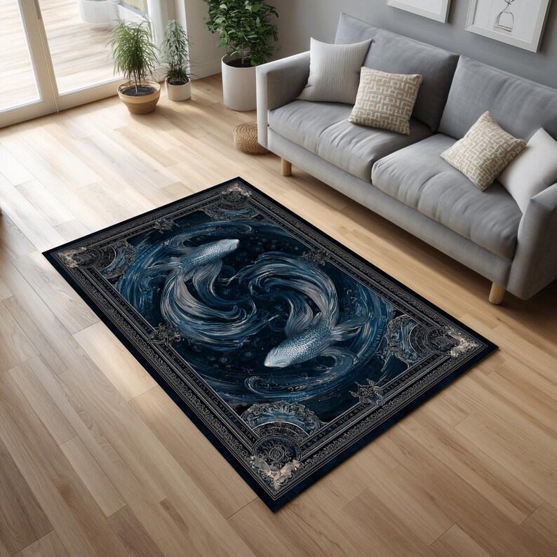 Koi Fish Area Rug Blue Japanese Style Ocean Pattern Living Room Floor ...