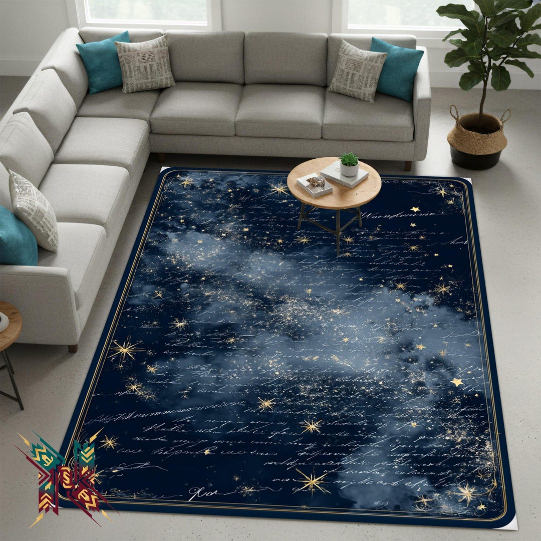 Starry Night Script Rug – Navy Blue Galaxy Area Carpet With Gold Stars ...