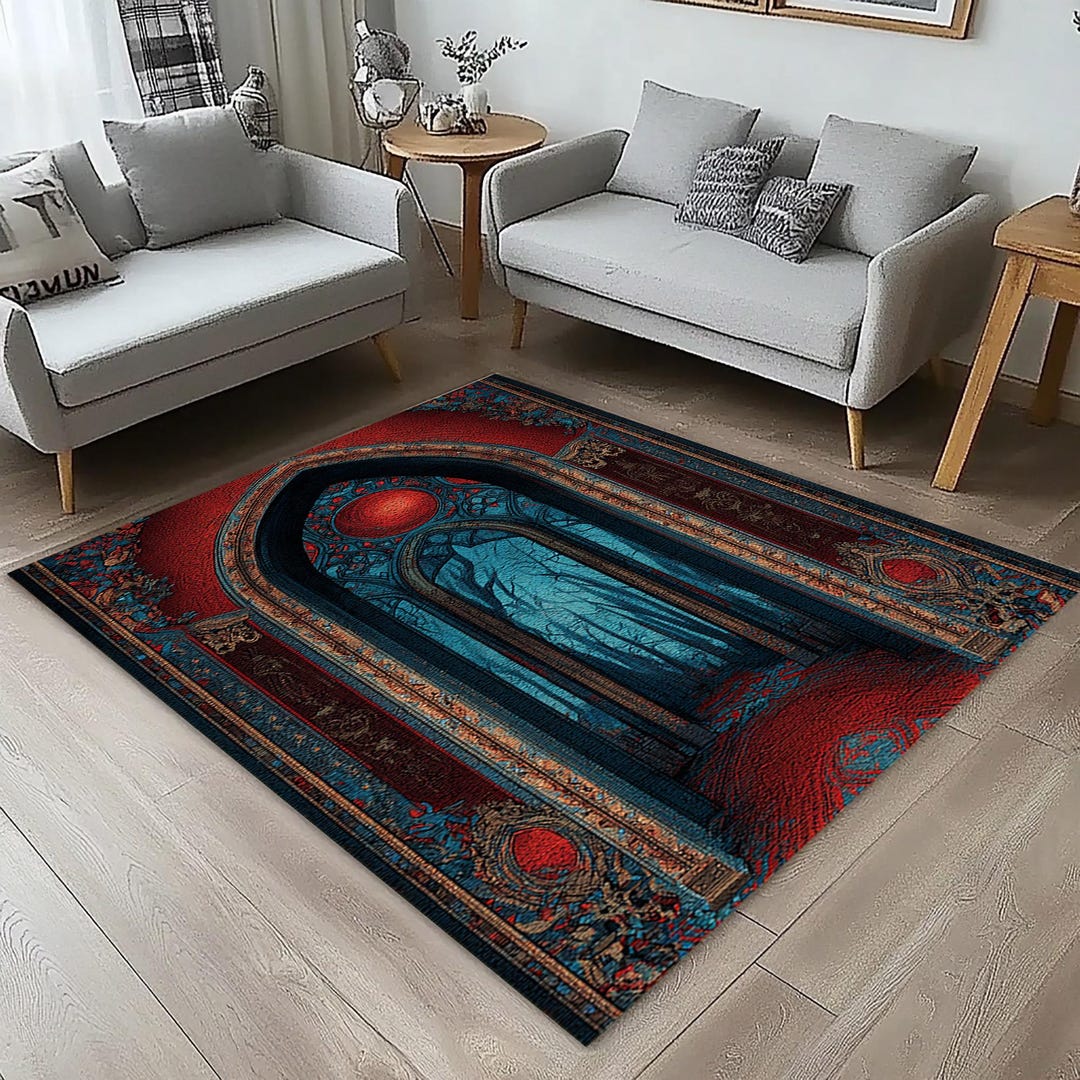 Gothic Forest Window Rug – Blue Red Arched Illusion Area Carpet - Etsy