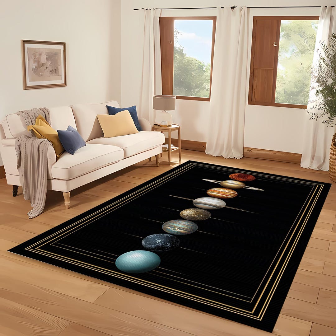 Solar System Planet Rug – Black Space Area Rug With Gold Border, Modern ...