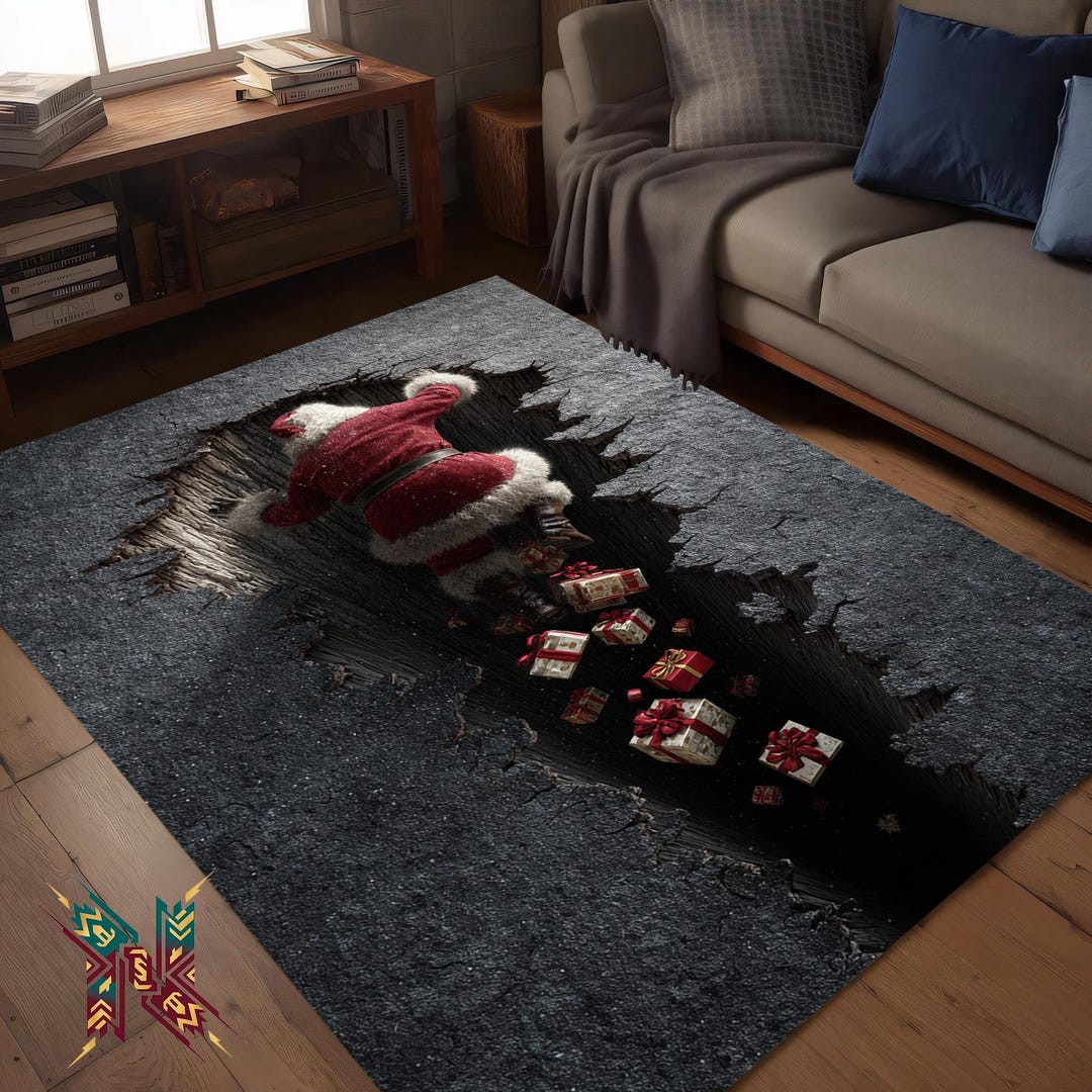 Funny Santa Christmas Rug – 3D Illusion Carpet With Santa Falling and ...