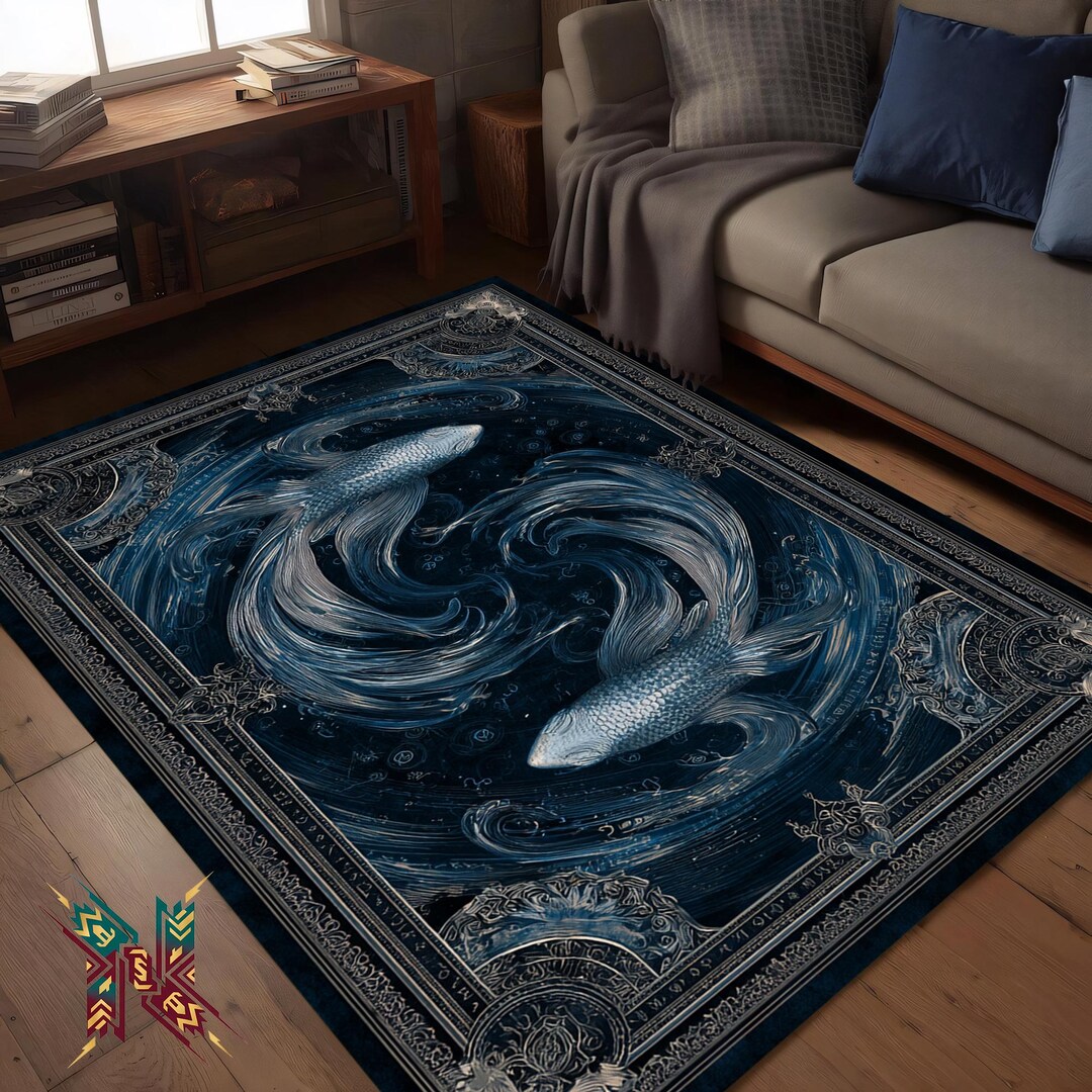 Koi Fish Area Rug Blue Japanese Style Ocean Pattern Living Room Floor ...