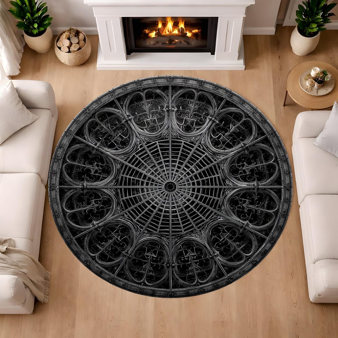 Architectural Gothic Round Rug Black Ornamental Circular Floor Carpet ...