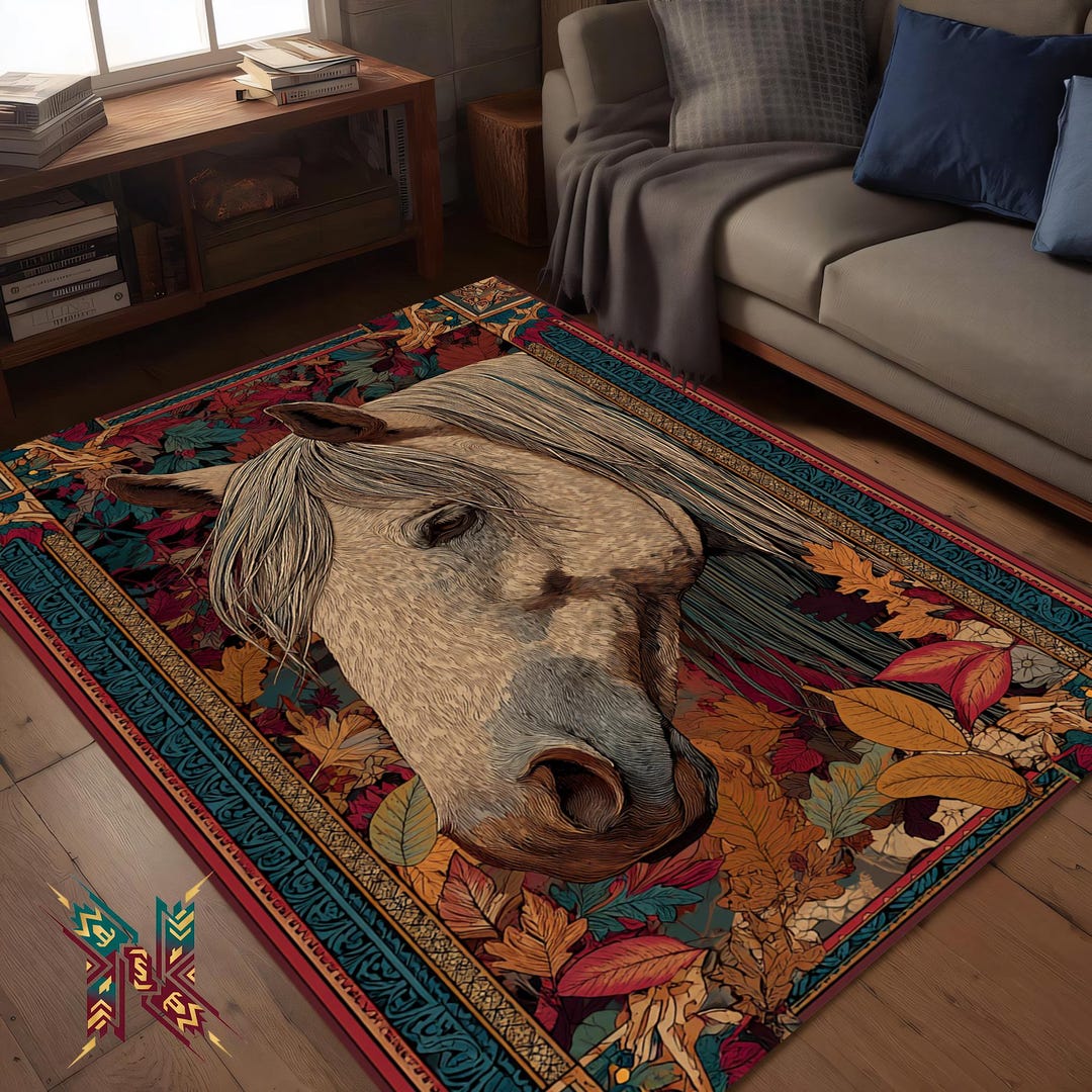 Vintage Horse Portrait Rug Autumn Floral Rustic Floor Decor - Etsy