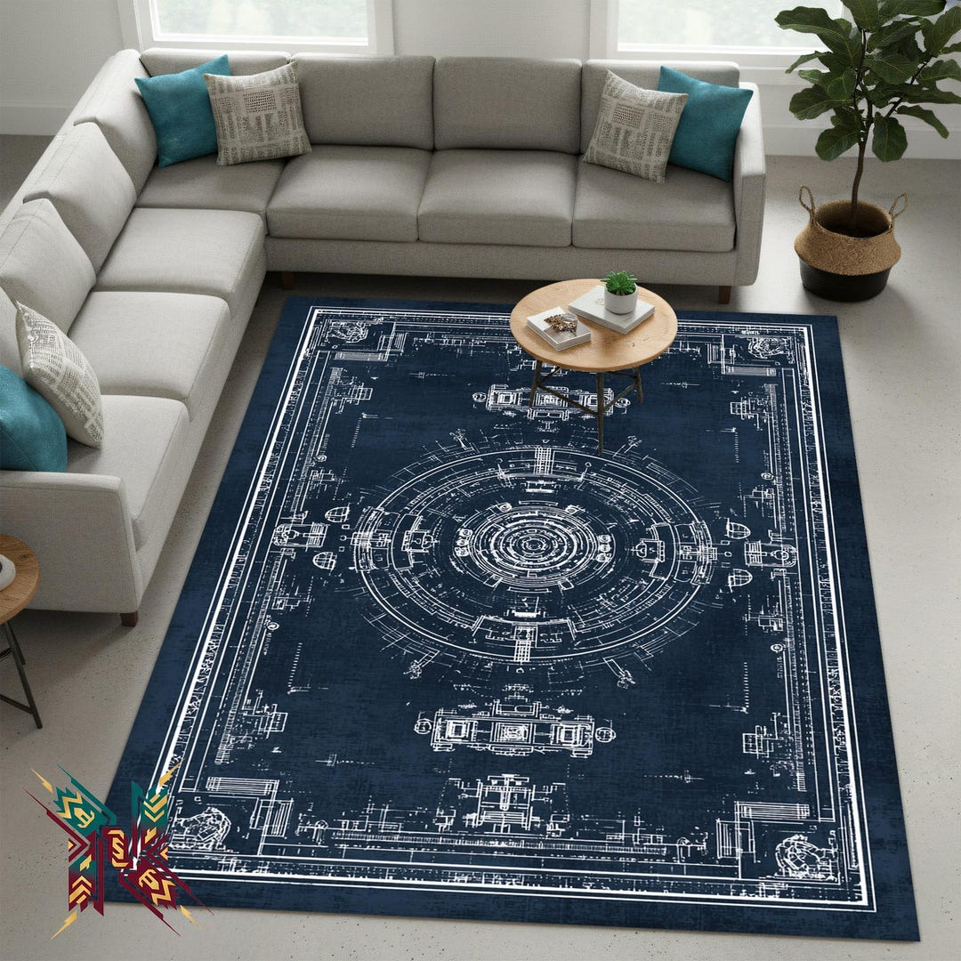 Blueprint Sci Fi Rug – Navy Tech Area Rug With Futuristic Circuitry and ...