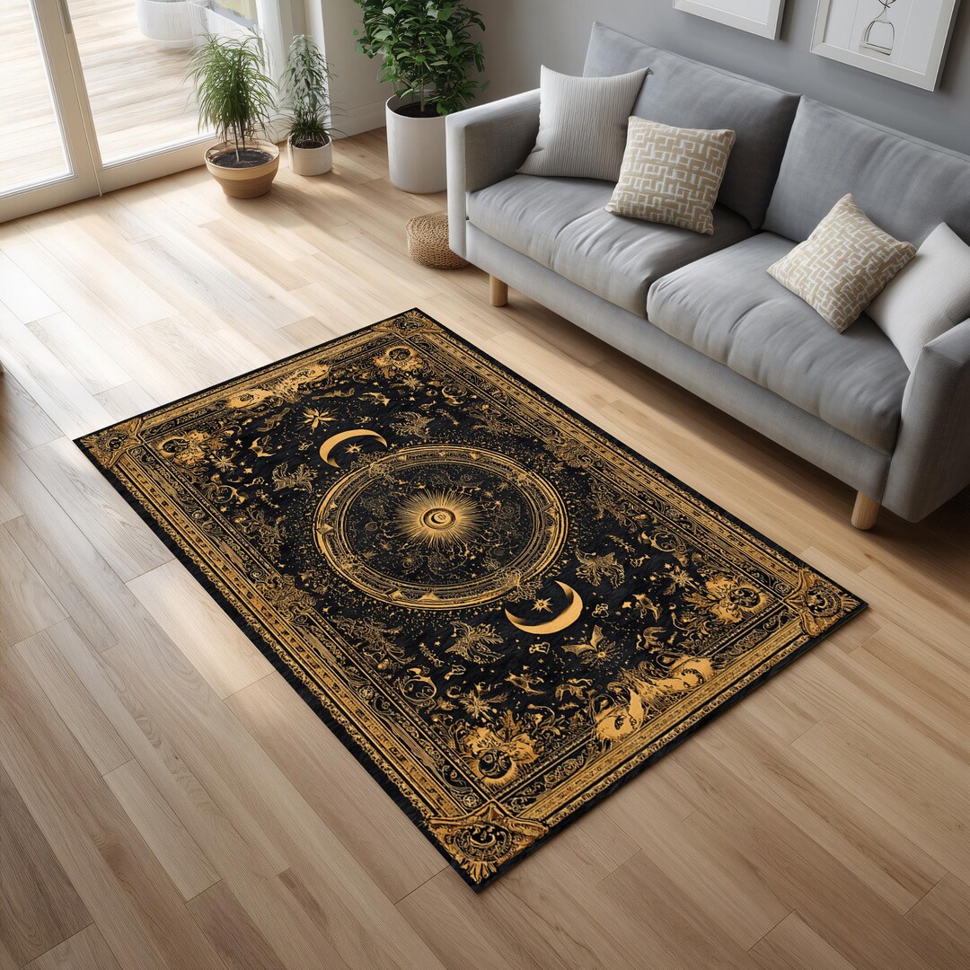 Black Gold Celestial Sun Moon Area Rug Vintage Astrology Tapestry Decor ...