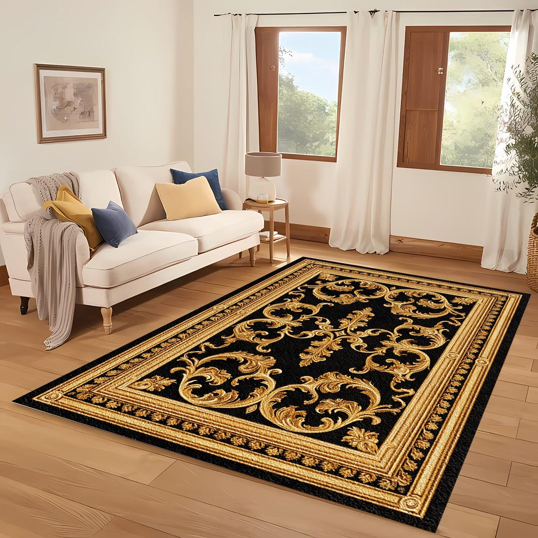 Baroque Black and Gold Rug – Ornate Scroll Design Luxury Carpet for ...