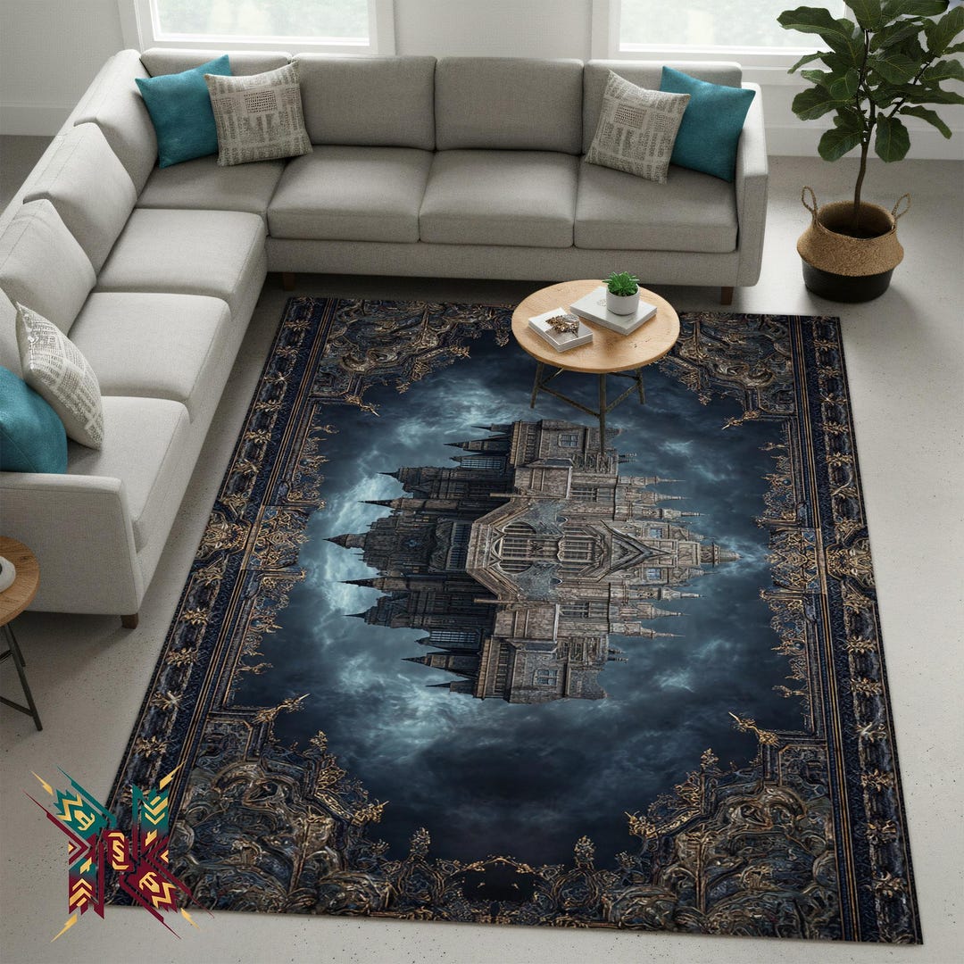 Baroque Gothic Castle Rug – Blue Storm Fantasy Tapestry Floor Mat ...