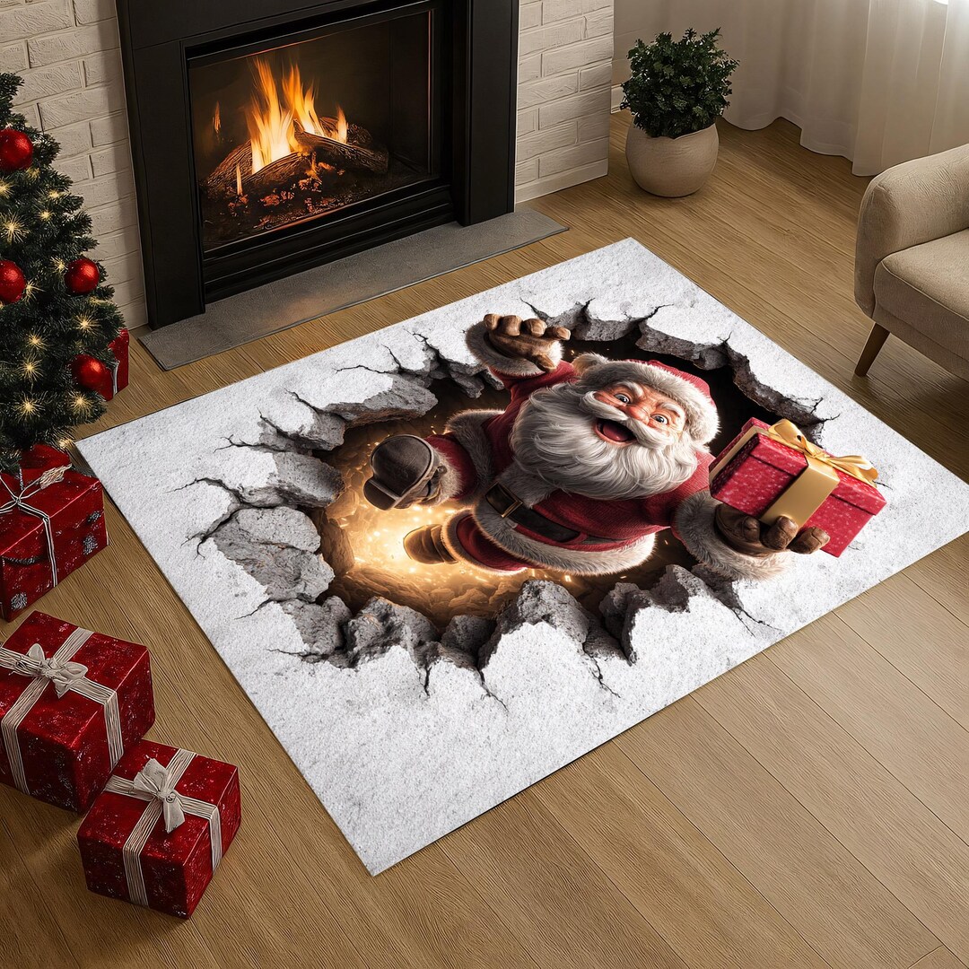 3D Santa Breakthrough Rug – White Christmas Floor Mat With Cracked ...