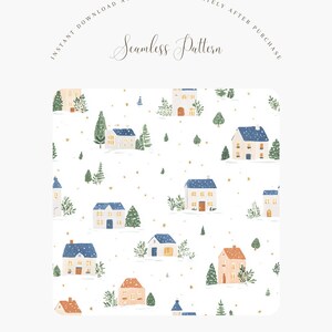Christmas Winter Village Seamless Pattern PNG, Cozy Snowy Houses ...