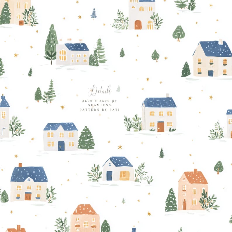 Christmas Winter Village Seamless Pattern PNG, Cozy Snowy Houses ...