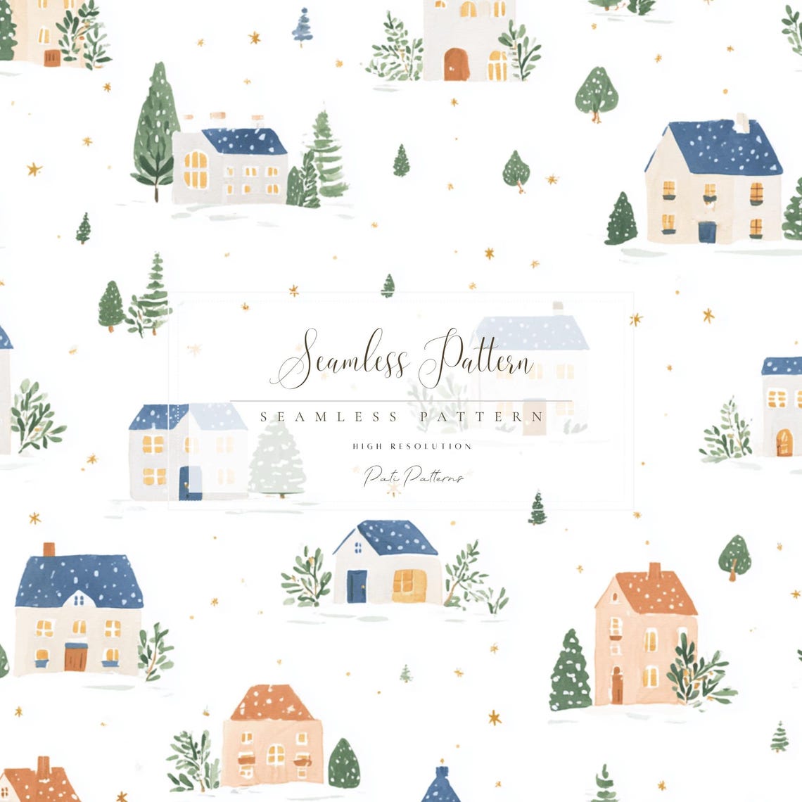 Christmas Winter Village Seamless Pattern PNG, Cozy Snowy Houses ...