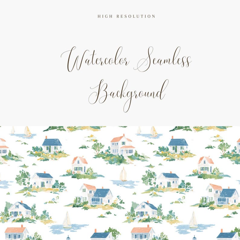 Watercolor Coastal Cottage Seamless Pattern, Nautical Beach House ...
