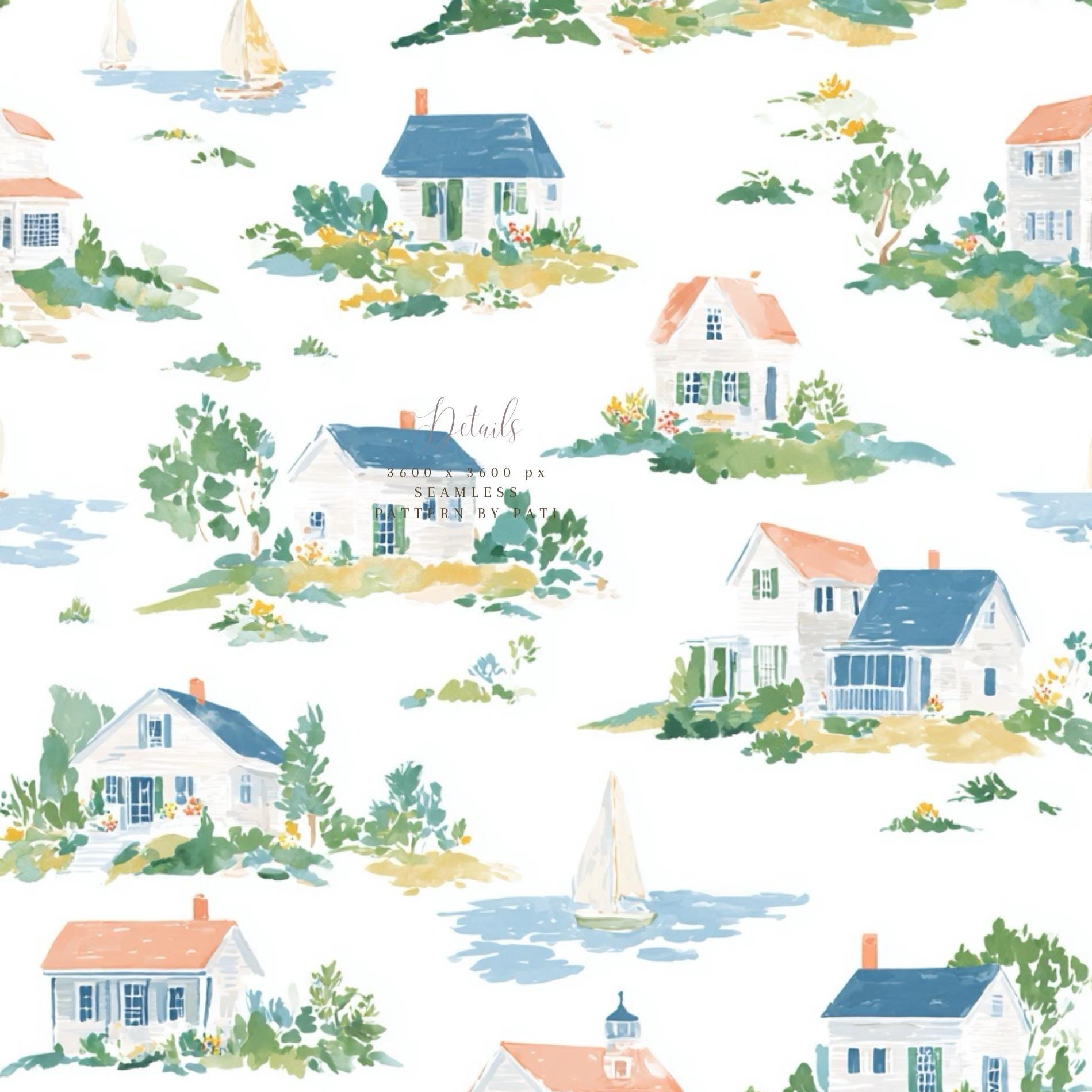 Watercolor Coastal Cottage Seamless Pattern, Nautical Beach House ...