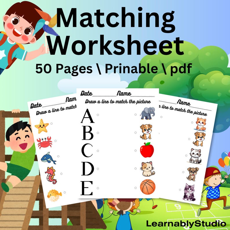 50 Printable Matching Worksheets, Match the Picture, Kindergarten ...