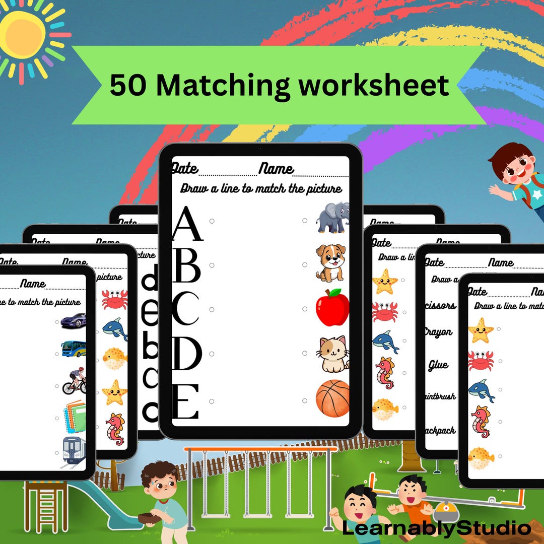 50 Printable Matching Worksheets, Match the Picture, Kindergarten ...